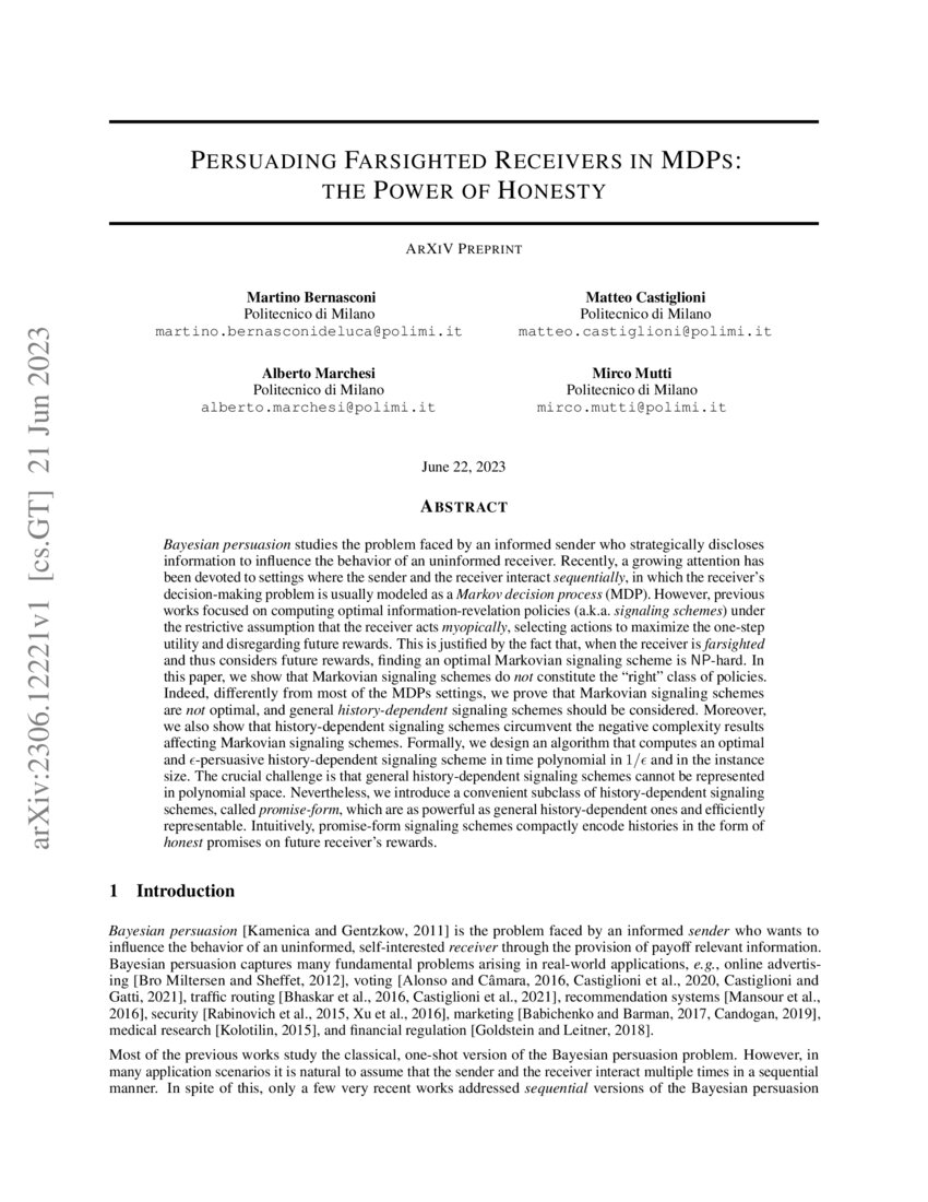Persuading Farsighted Receivers in MDPs: the Power of Honesty | DeepAI