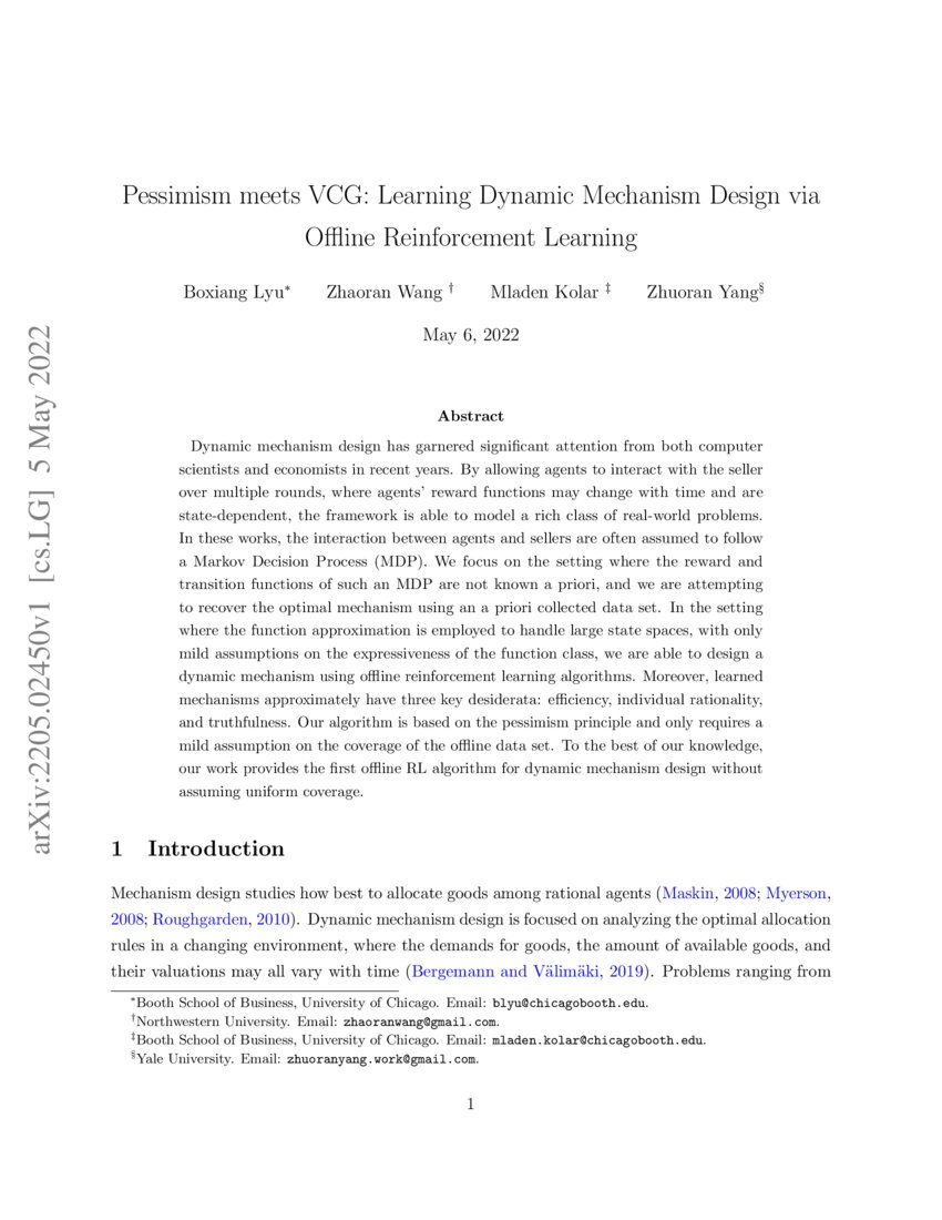 Pessimism meets VCG: Learning Dynamic Mechanism Design via Offline Reinforcement Learning | DeepAI