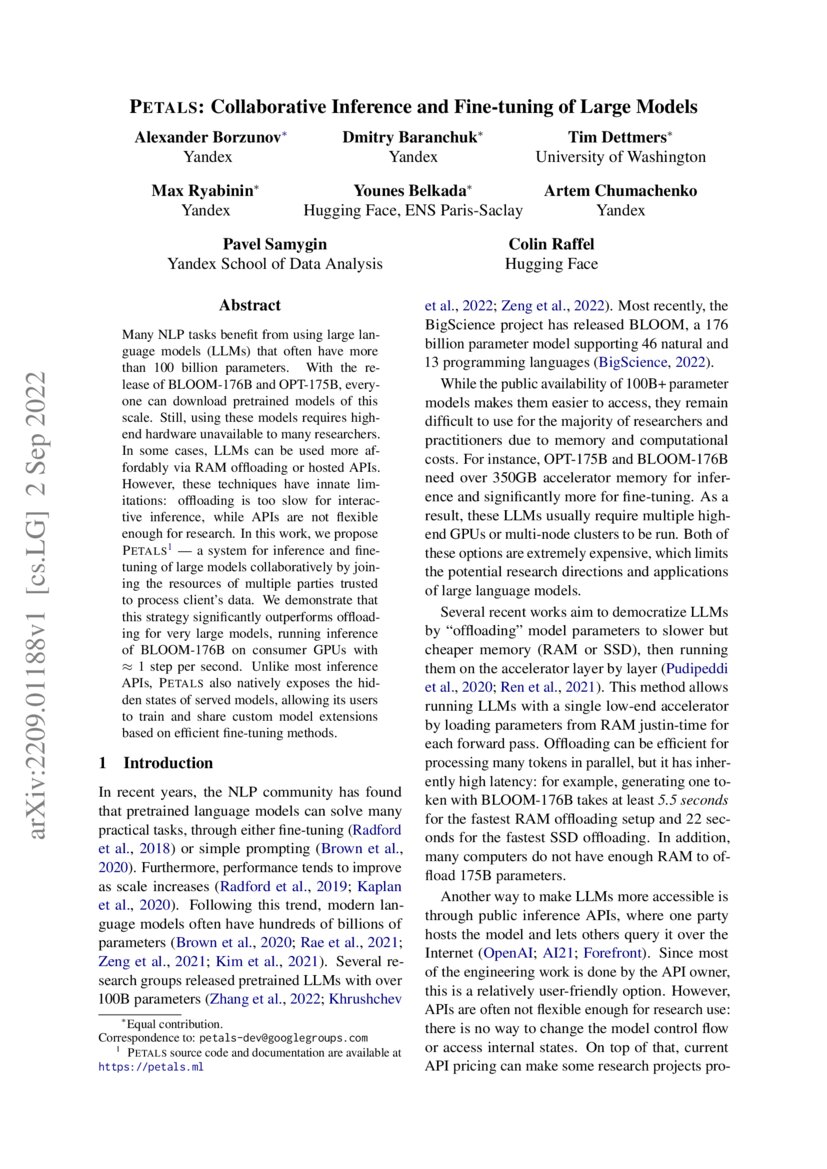 Petals: Collaborative Inference and Fine-tuning of Large Models | DeepAI