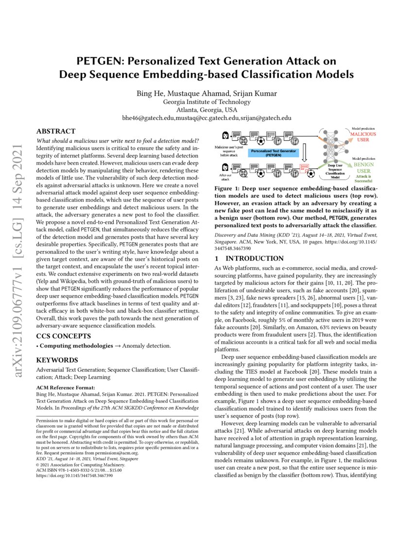PETGEN: Personalized Text Generation Attack on Deep Sequence Embedding-based Classification ...