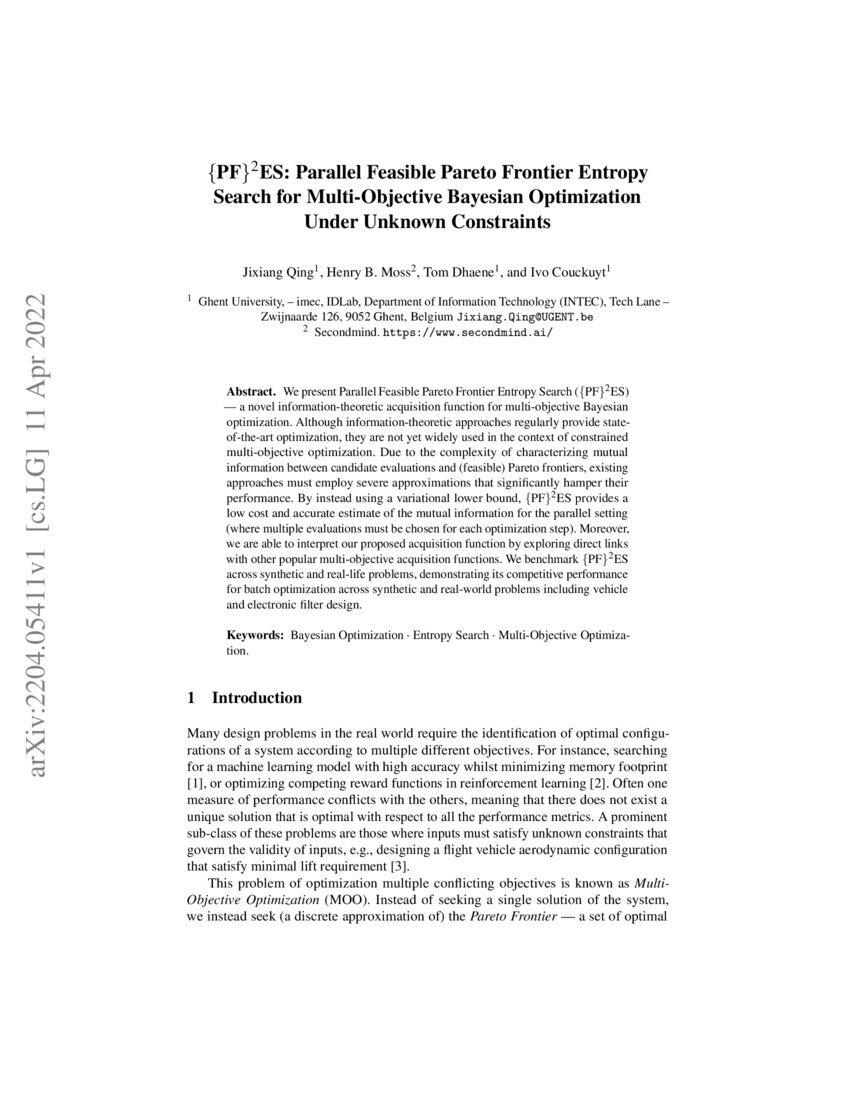 Pf 2es Parallel Feasible Pareto Frontier Entropy Search For Multi Objective Bayesian 