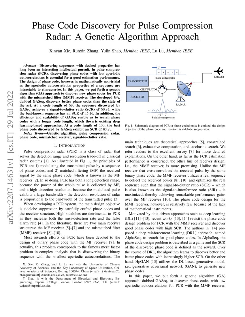 Phase Code Discovery For Pulse Compression Radar A Genetic Algorithm Approach Deepai 7207