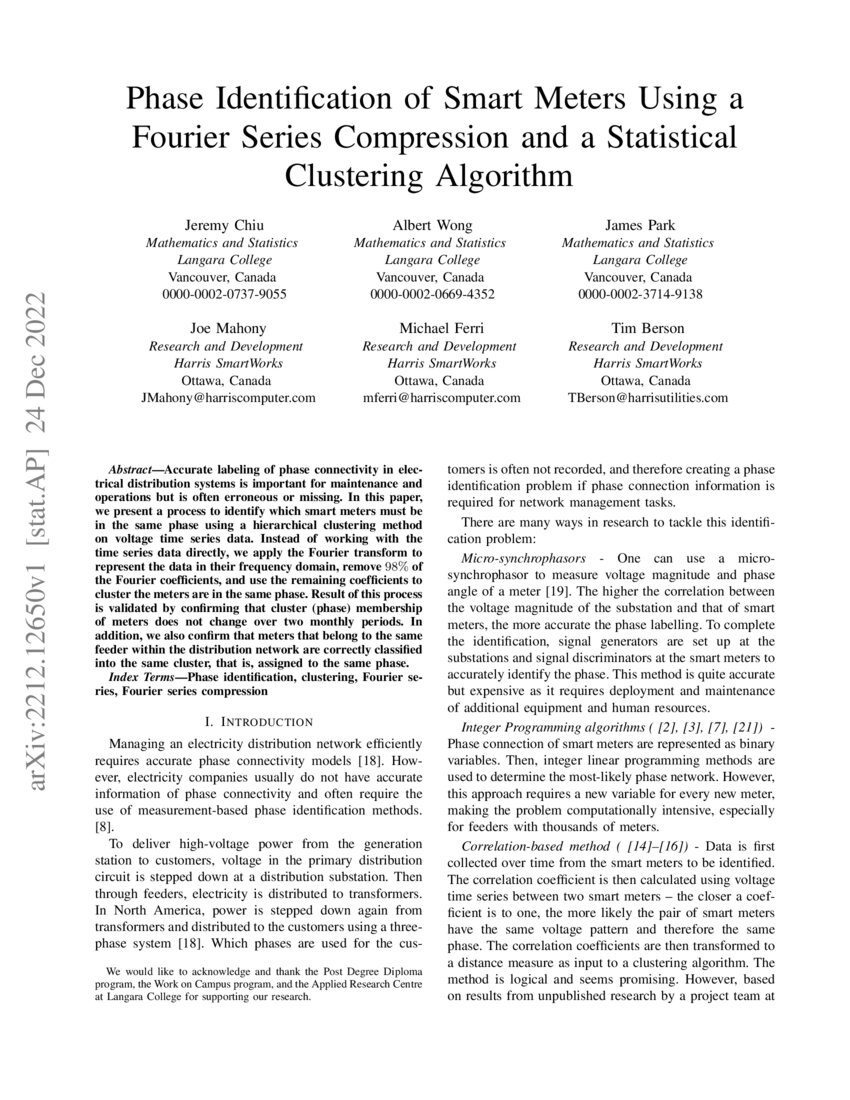 Phase Identification of Smart Meters Using a Fourier Series Compression and a Statistical ...