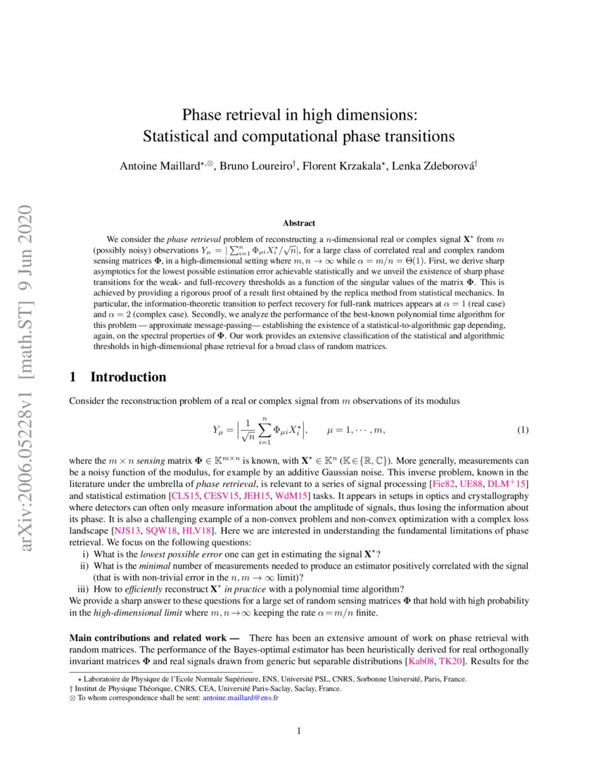 Phase retrieval in high dimensions: Statistical and computational phase transitions | DeepAI
