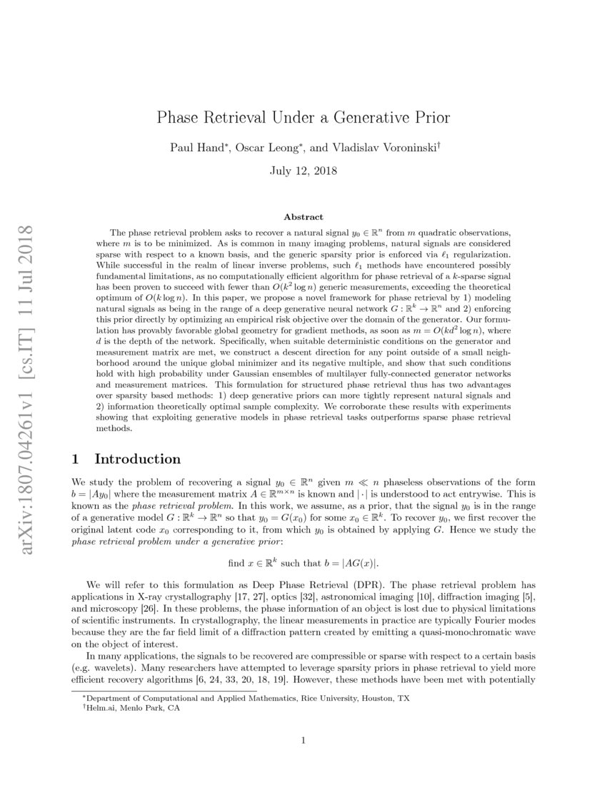 Phase Retrieval Under a Generative Prior | DeepAI
