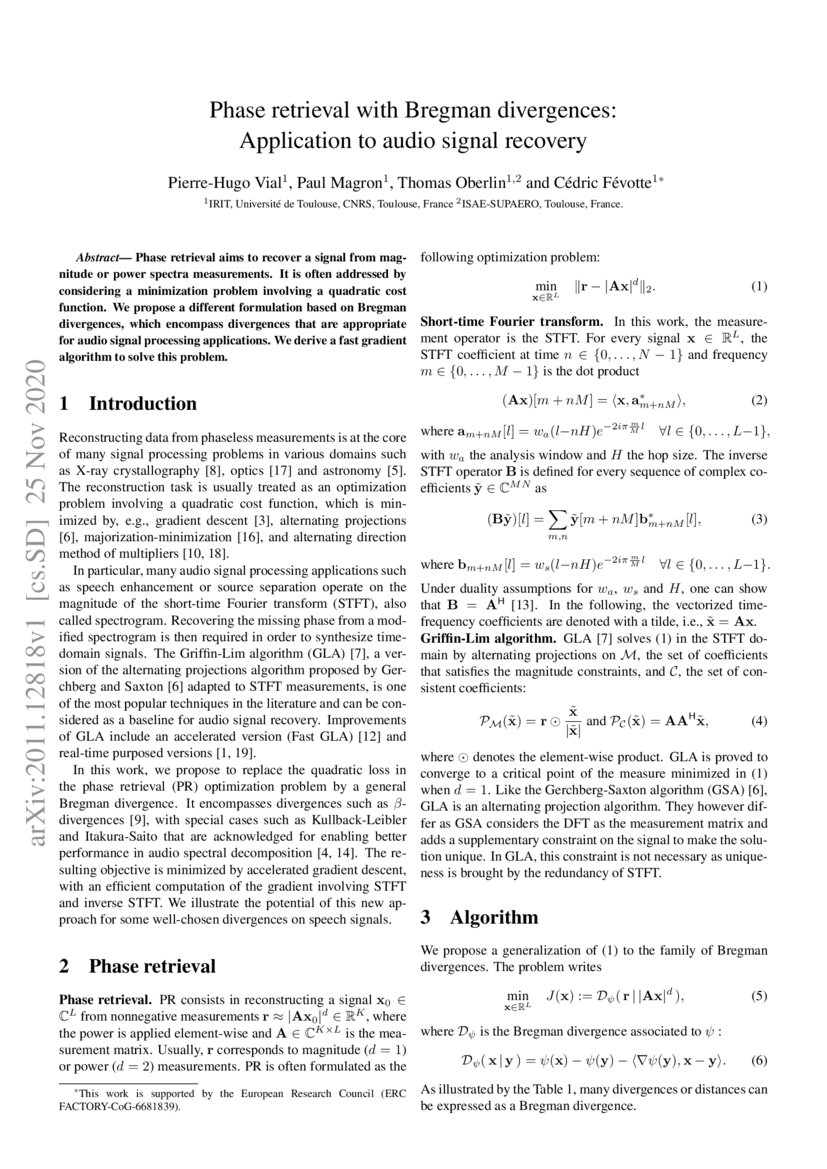 Phase Retrieval With Bregman Divergences Application To Audio Signal Recovery Deepai