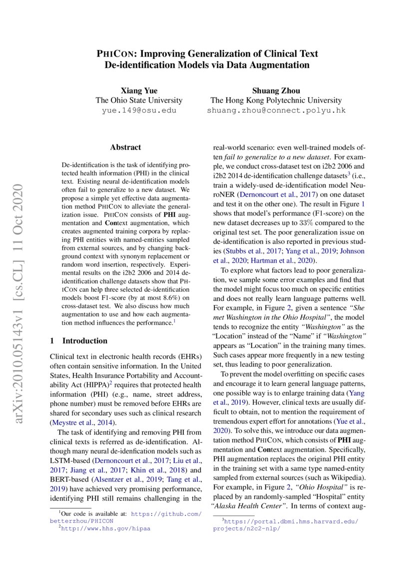 Phicon Improving Generalization Of Clinical Text De Identification Models Via Data Augmentation