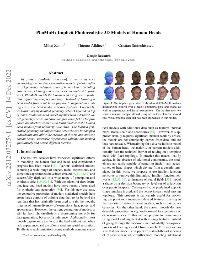 PhoMoH: Implicit Photorealistic 3D Models of Human Heads | DeepAI