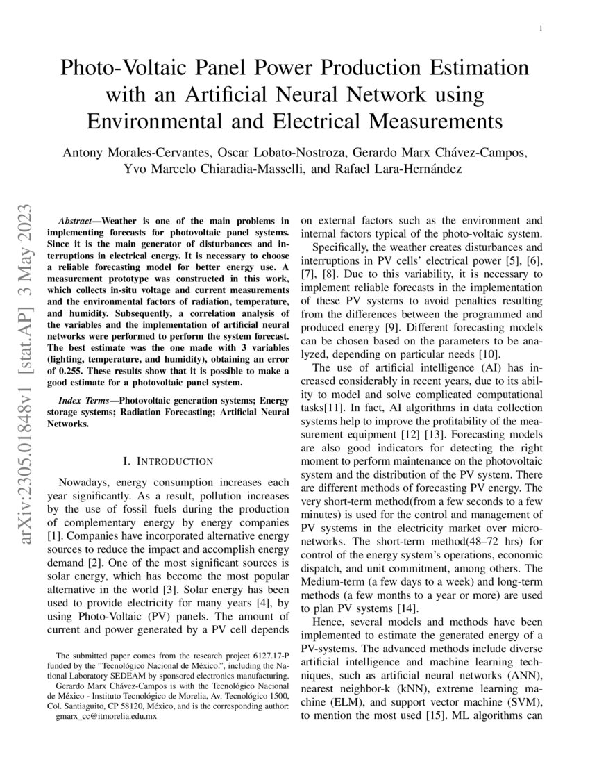 Photo-Voltaic Panel Power Production Estimation with an Artificial Neural Network using ...