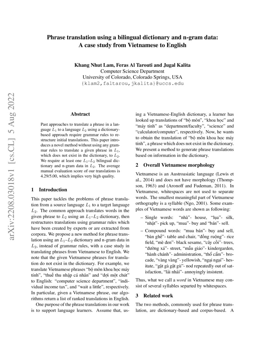 Phrase translation using a bilingual dictionary and n-gram data: A case study from Vietnamese to ...