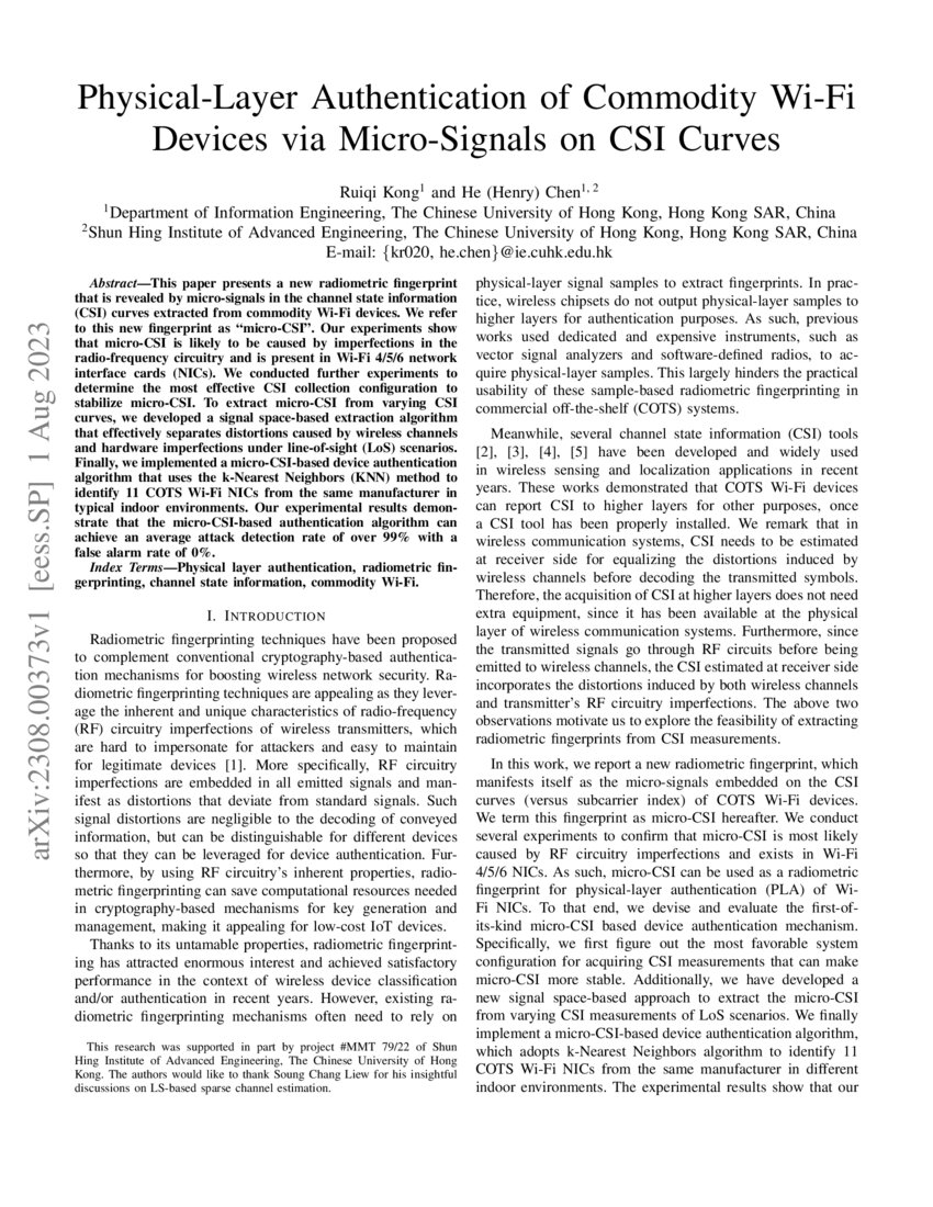 Physical-Layer Authentication of Commodity Wi-Fi Devices via Micro-Signals on CSI Curves | DeepAI