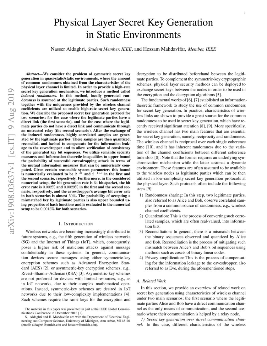 Physical Layer Secret Key Generation In Static Environments Deepai