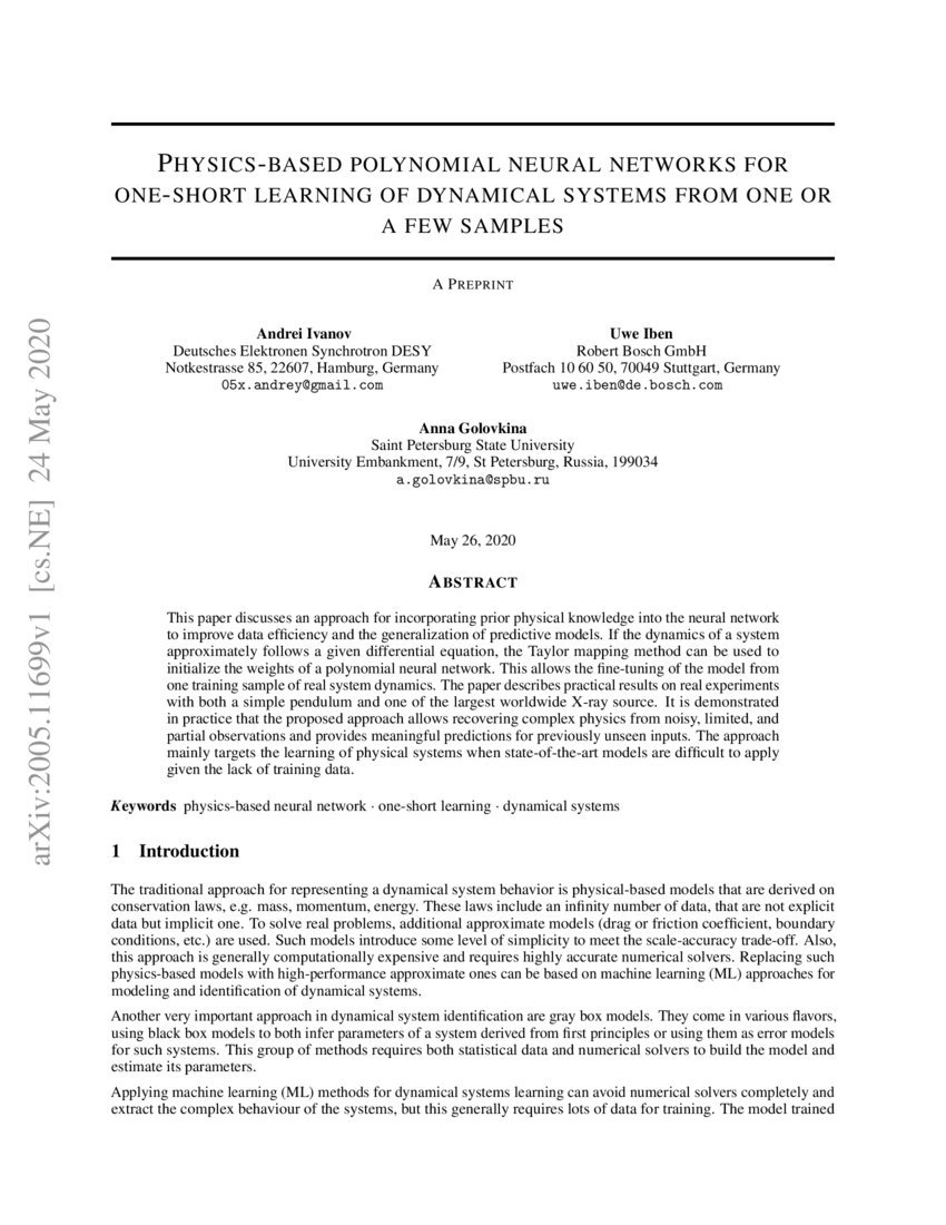 Physics-based polynomial neural networks for one-short learning of dynamical systems from one or ...