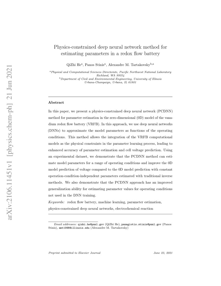 Physics-constrained deep neural network method for estimating parameters in a redox flow battery ...