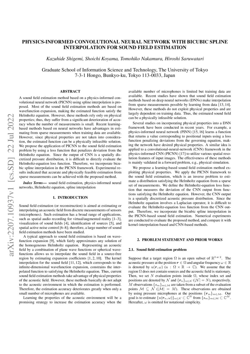 Physics Informed Convolutional Neural Network With Bicubic Spline Interpolation For Sound Field