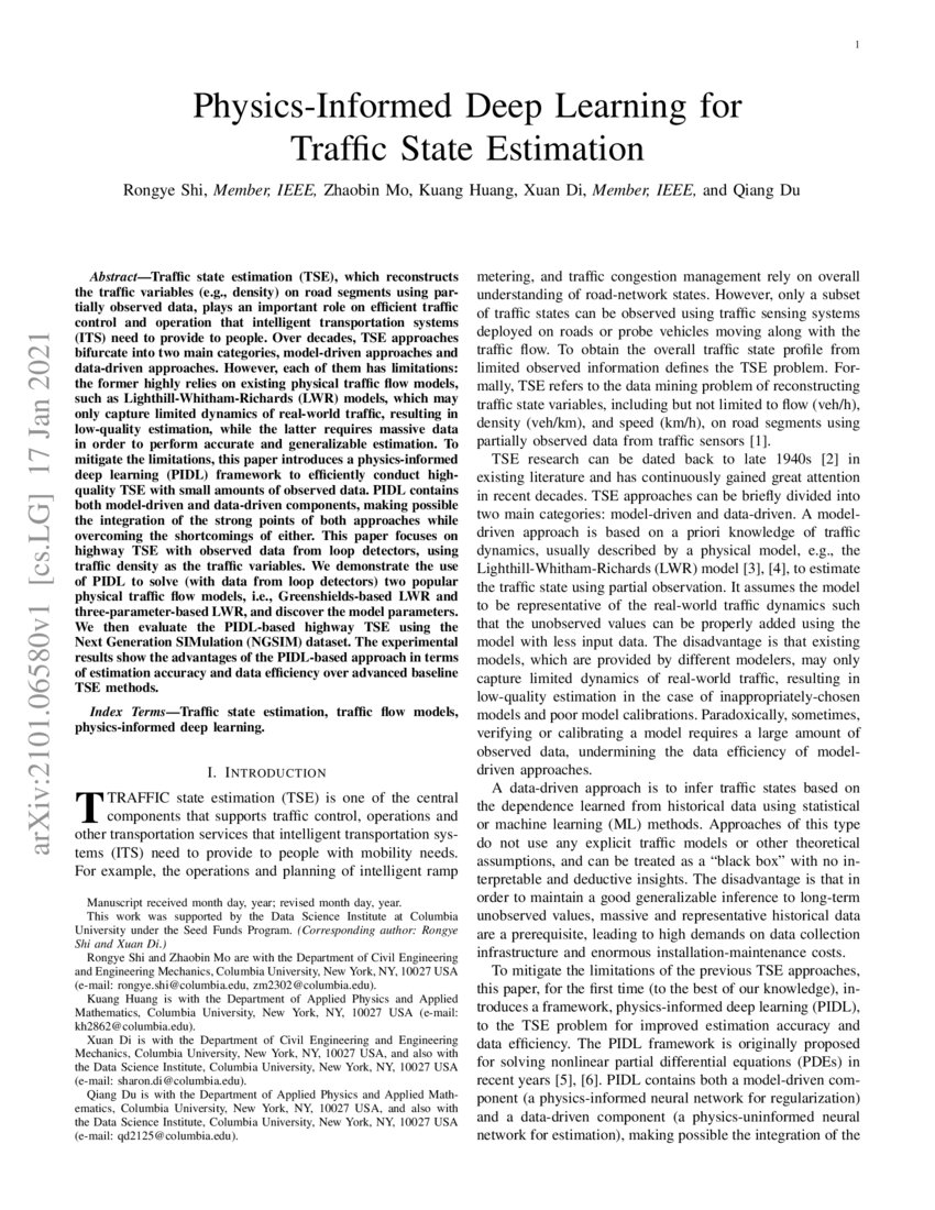 Physics Informed Deep Learning For Traffic State Estimation Deepai