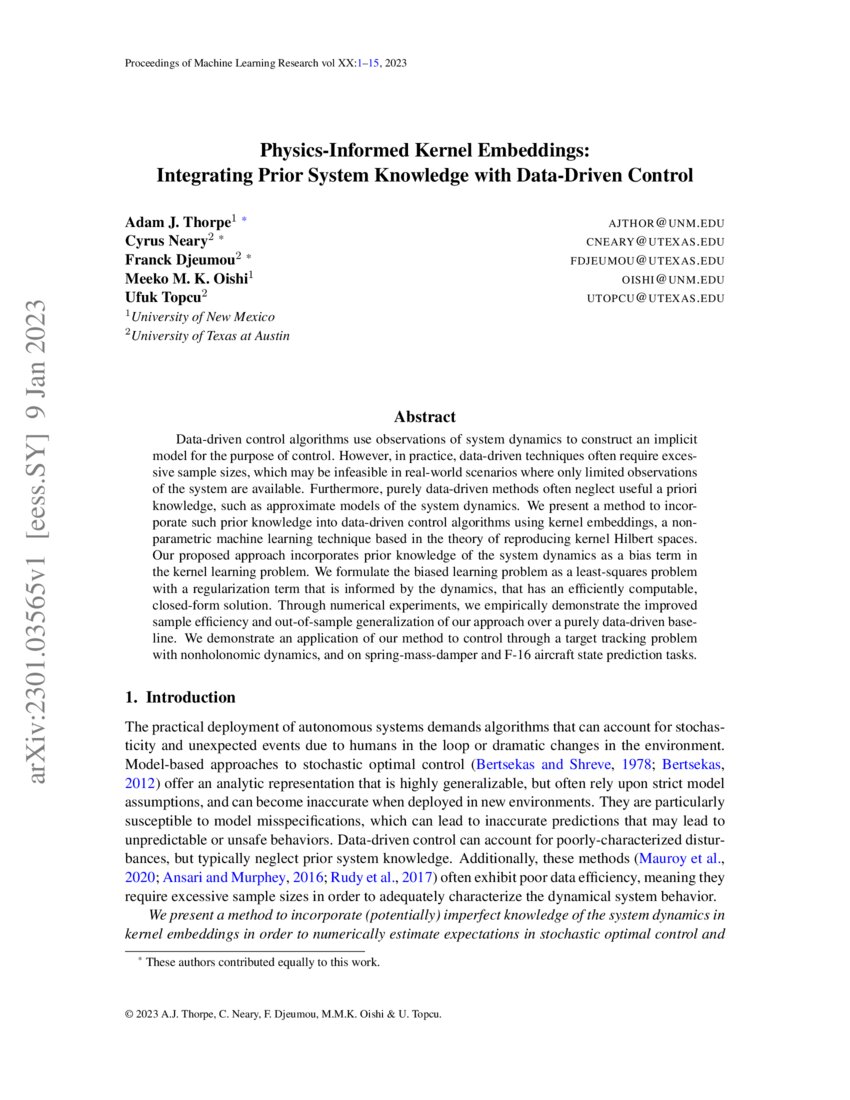 Physics-Informed Kernel Embeddings: Integrating Prior System Knowledge with Data-Driven Control ...