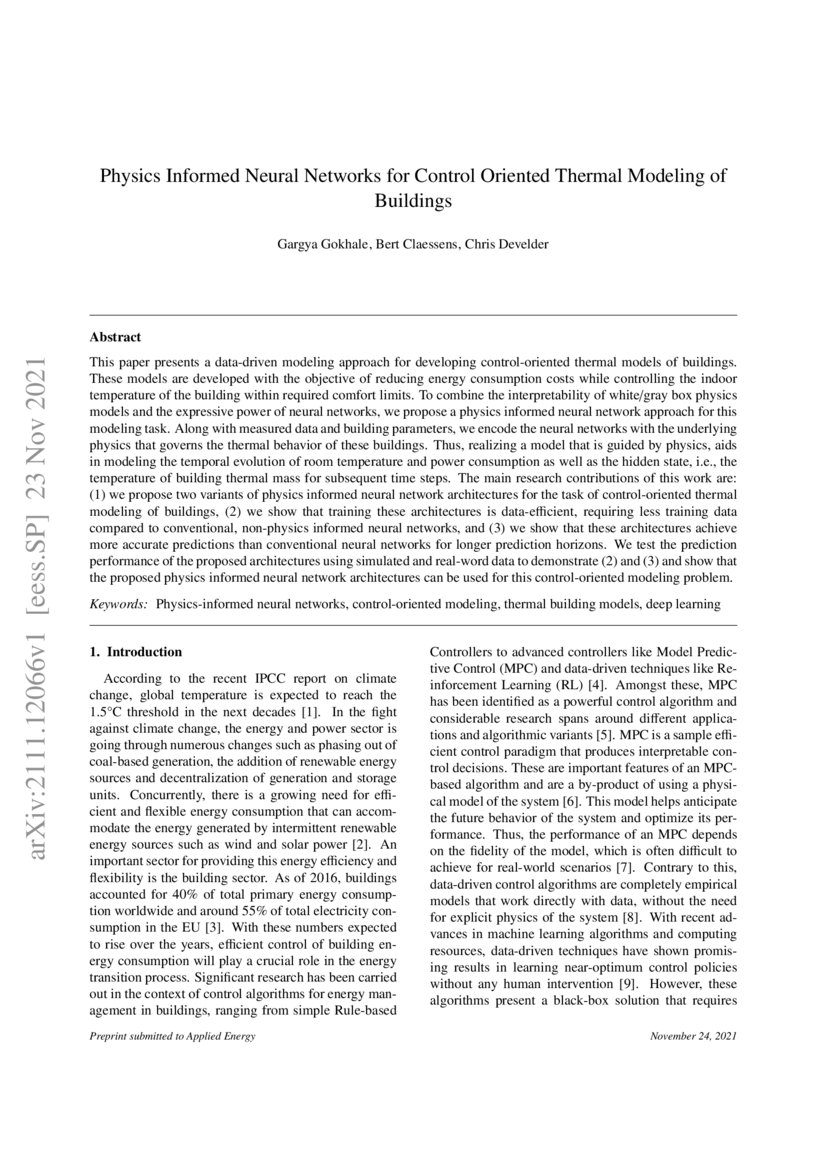 Physics Informed Neural Networks for Control Oriented Thermal Modeling of Buildings | DeepAI