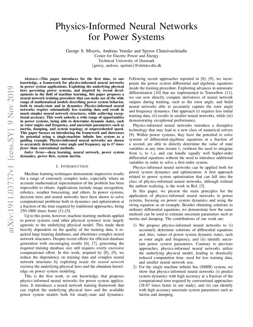 Physics-Informed Neural Networks for Power Systems | DeepAI