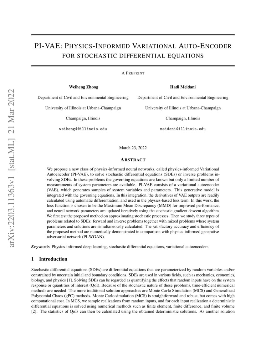 Pi Vae Physics Informed Variational Auto Encoder For Stochastic
