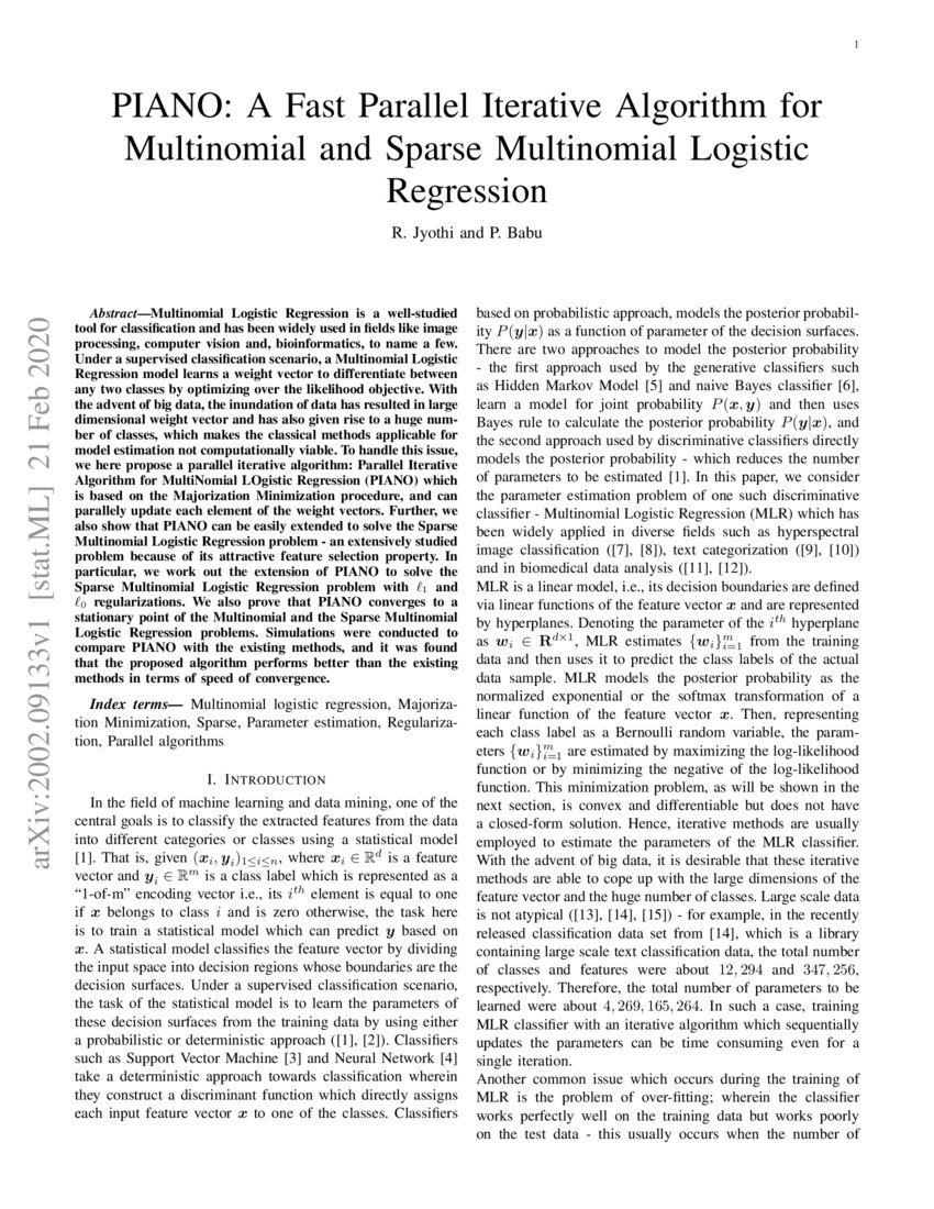 Piano A Fast Parallel Iterative Algorithm For Multinomial And Sparse Multinomial Logistic