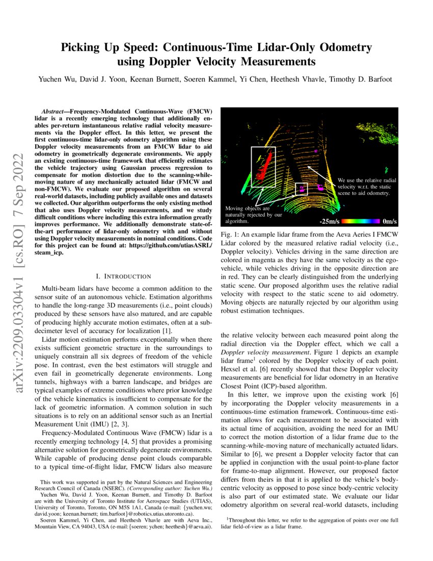 Picking Up Speed Continuous Time Lidar Only Odometry Using Doppler Velocity Measurements Deepai