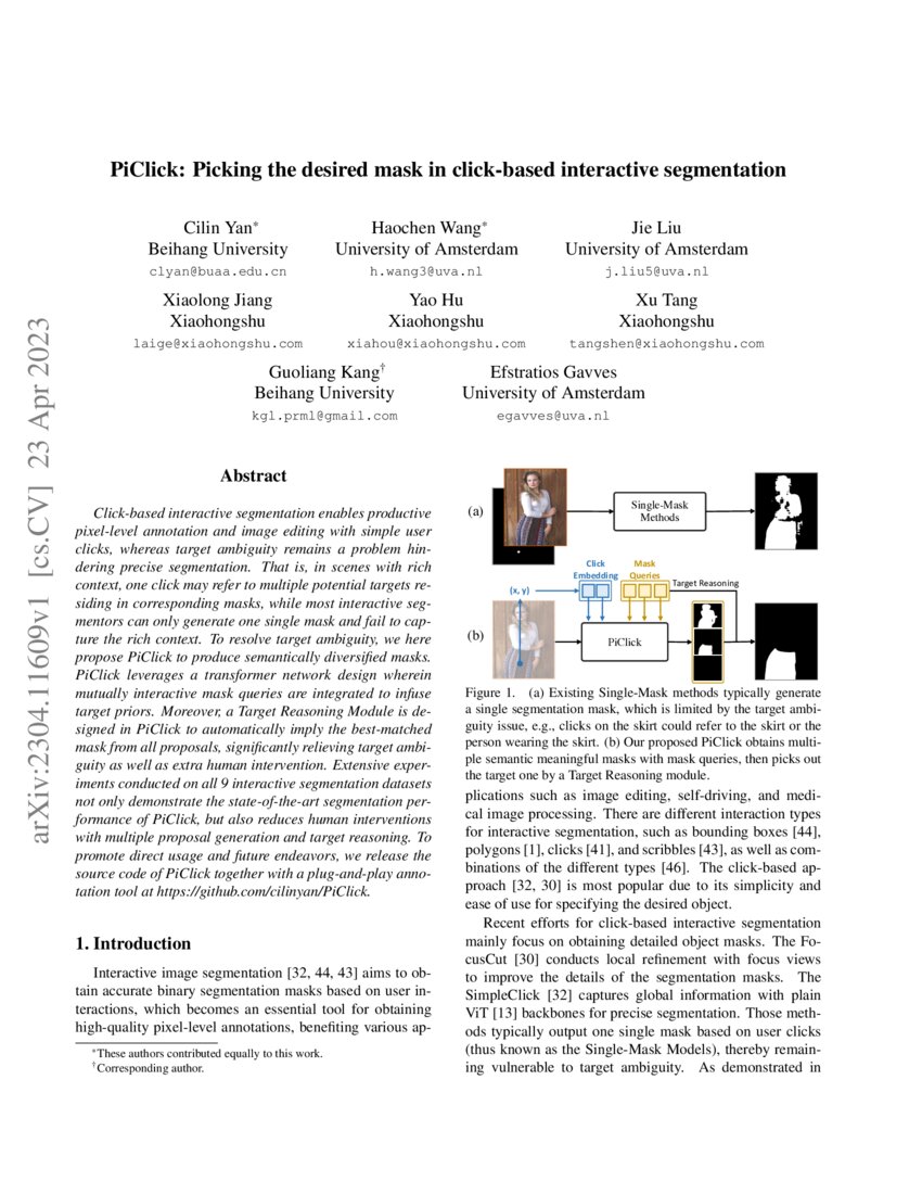PiClick: Picking the desired mask in click-based interactive segmentation | DeepAI