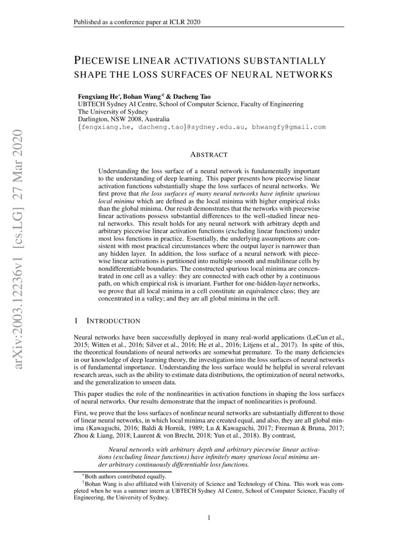 Piecewise linear activations substantially shape the loss surfaces of neural networks | DeepAI