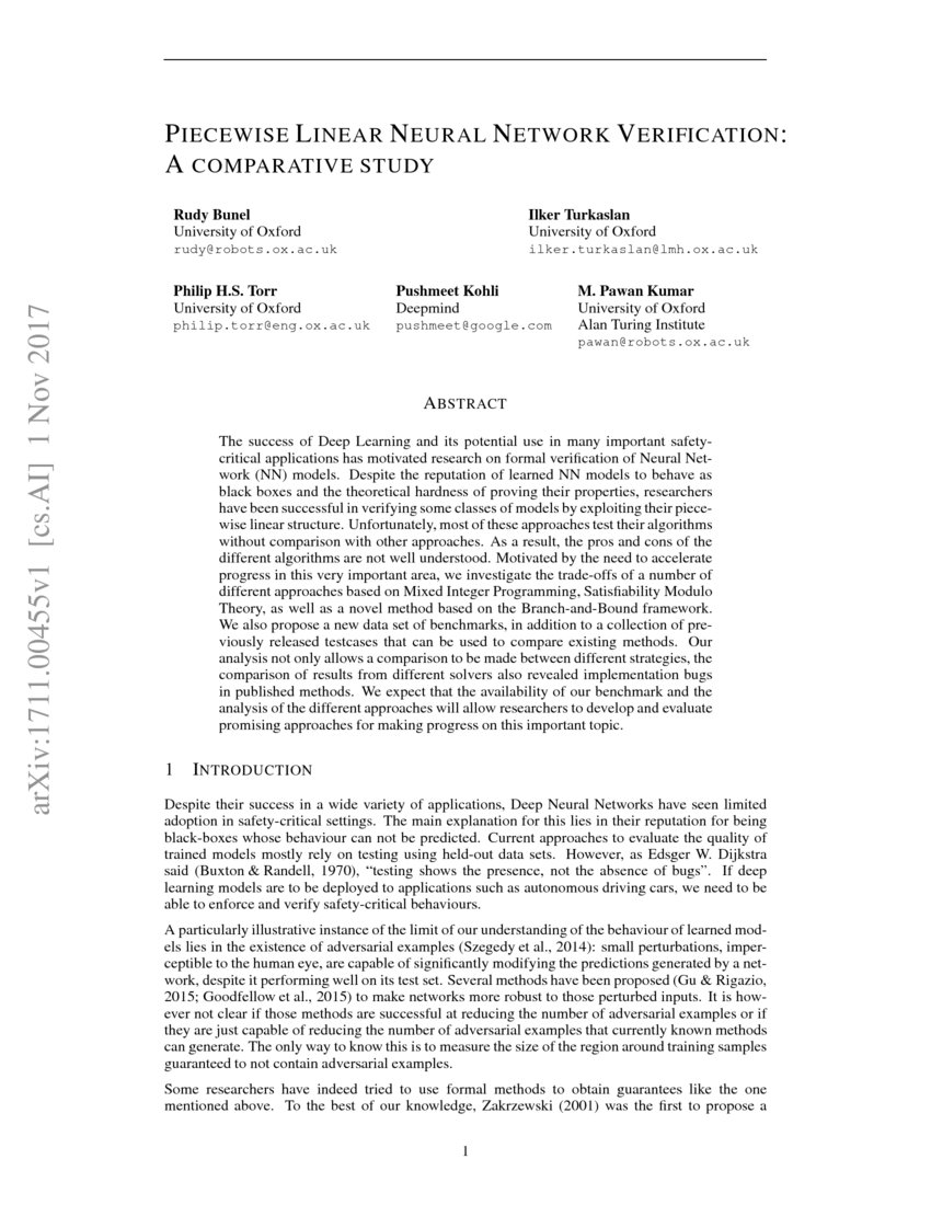 Piecewise Linear Neural Network verification: A comparative study | DeepAI