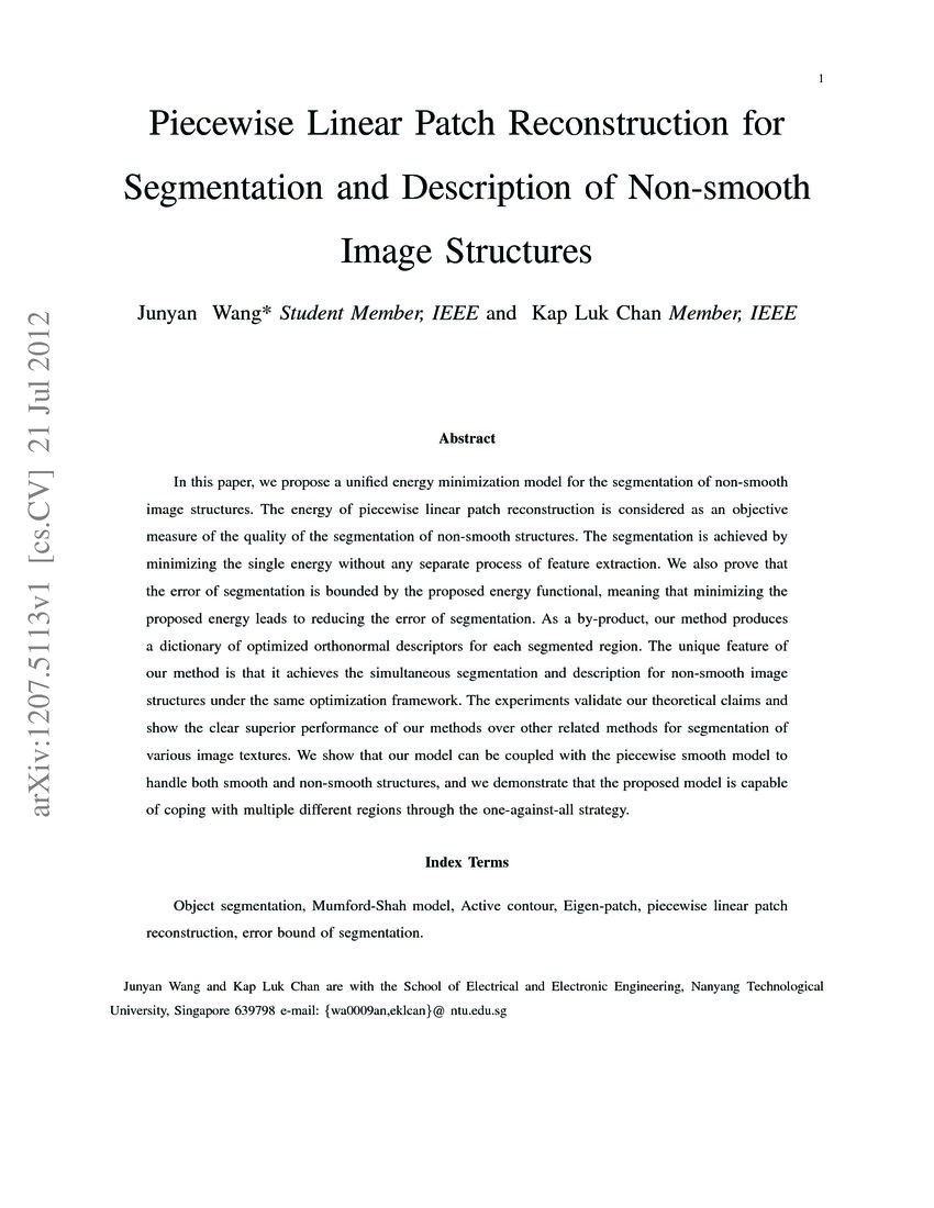 Piecewise Linear Patch Reconstruction For Segmentation And Description Of Non Smooth Image