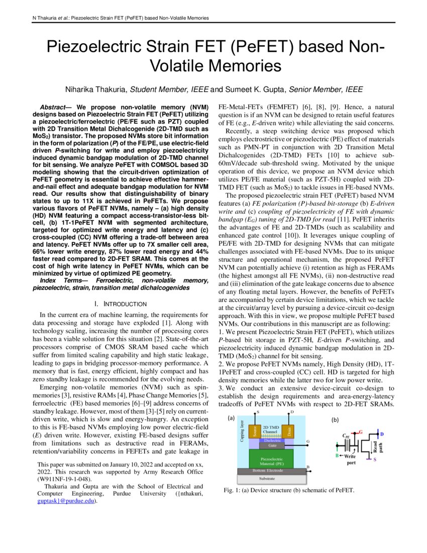 Piezoelectric Strain FET (PeFET) based Non-Volatile Memories | DeepAI