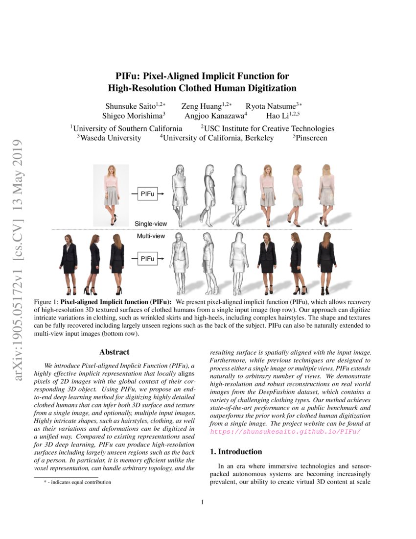 PIFu: Pixel-Aligned Implicit Function for High-Resolution Clothed Human Digitization | DeepAI