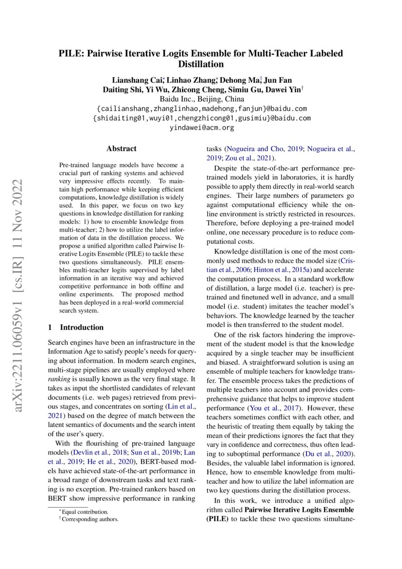 PILE: Pairwise Iterative Logits Ensemble for Multi-Teacher Labeled Distillation | DeepAI