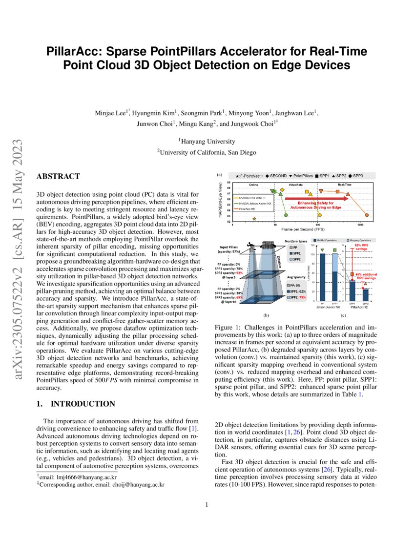 Pillaracc Sparse Pointpillars Accelerator For Real Time Point Cloud 3d Object Detection On Edge