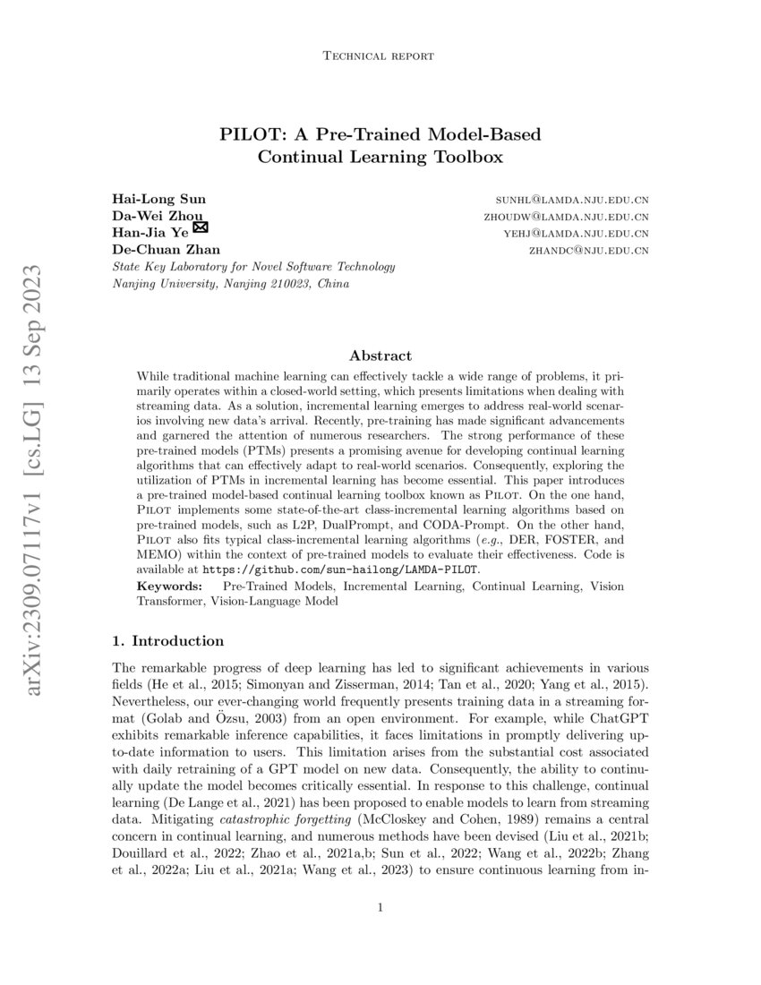 PILOT: A Pre-Trained Model-Based Continual Learning Toolbox | DeepAI