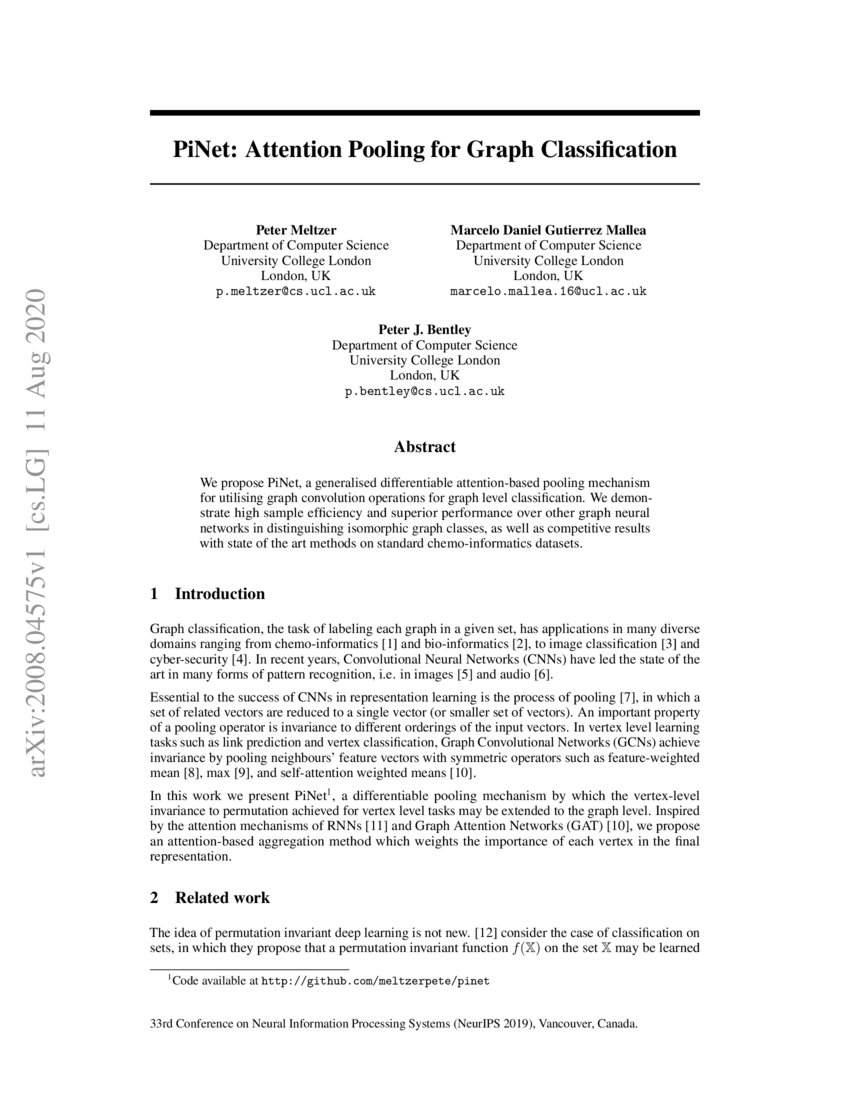 PiNet: Attention Pooling for Graph Classification | DeepAI