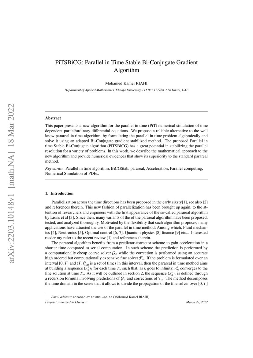 PiTSBiCG: Parallel in Time Stable Bi-Conjugate Gradient Algorithm | DeepAI