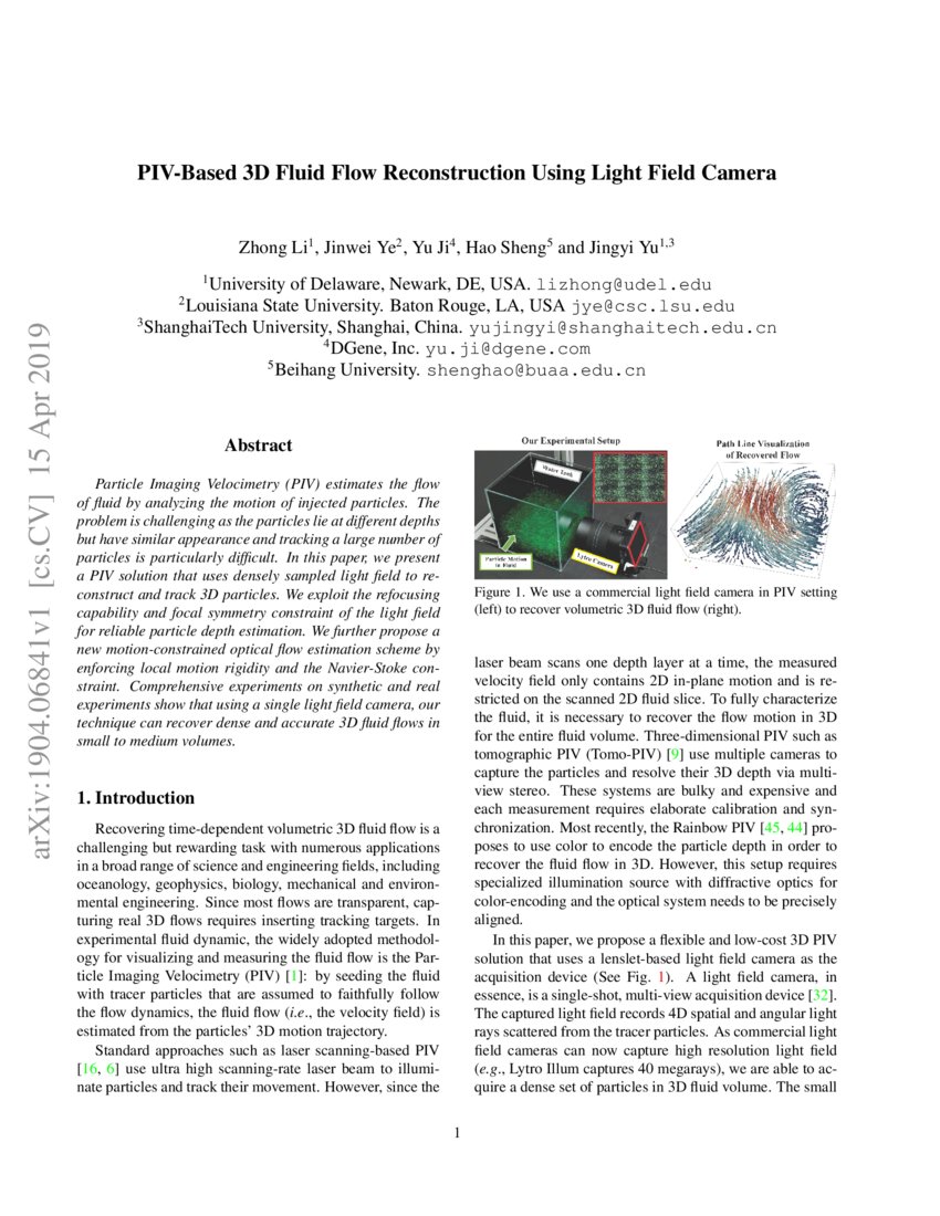 PIV-Based 3D Fluid Flow Reconstruction Using Light Field Camera | DeepAI