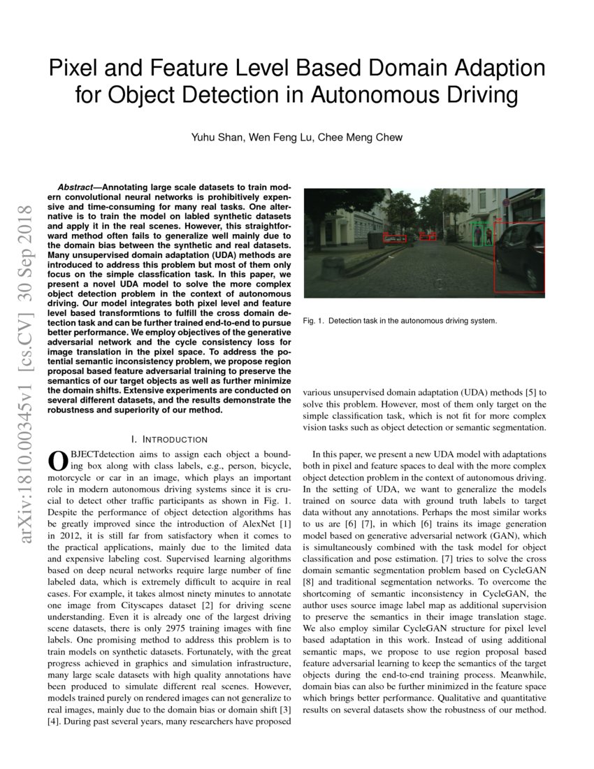 Pixel and Feature Level Based Domain Adaption for Object Detection in Autonomous Driving | DeepAI