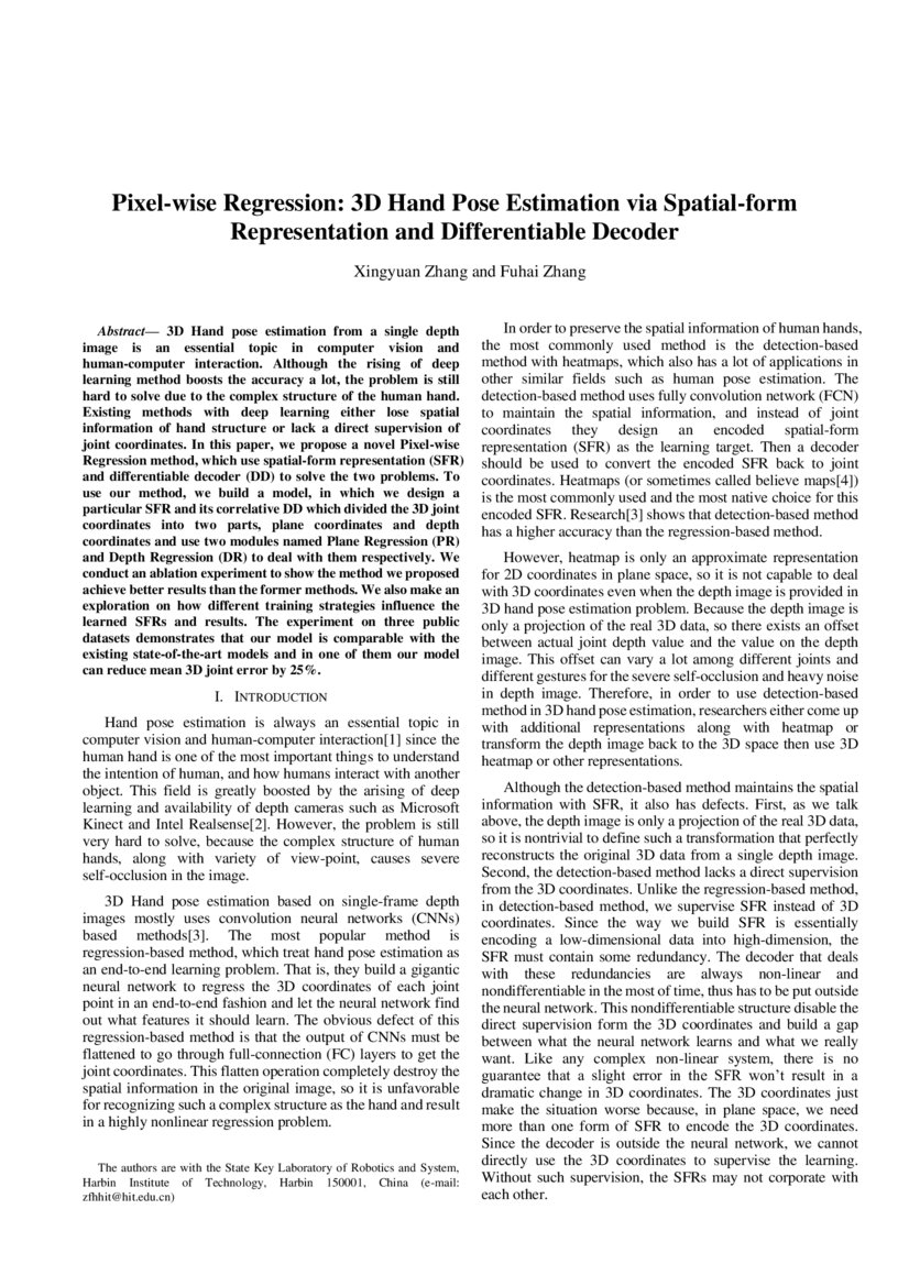 Pixel-wise Regression: 3D Hand Pose Estimation via Spatial-form Representation and ...