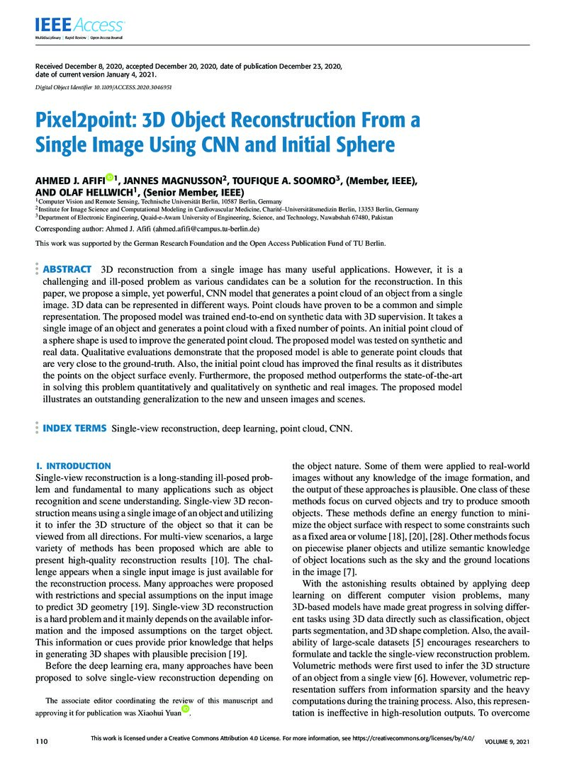 Pixel2point: 3D Object Reconstruction From a Single Image Using CNN and ...
