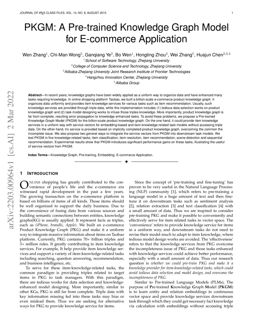 PKGM: A Pre-trained Knowledge Graph Model for E-commerce Application ...