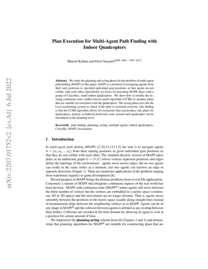 Plan Execution For Multi Agent Path Finding With Indoor Quadcopters Deepai