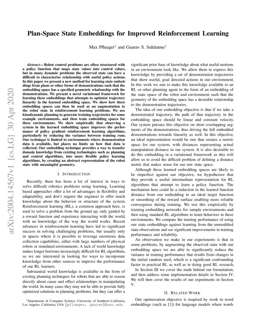 Plan-Space State Embeddings for Improved Reinforcement Learning | DeepAI