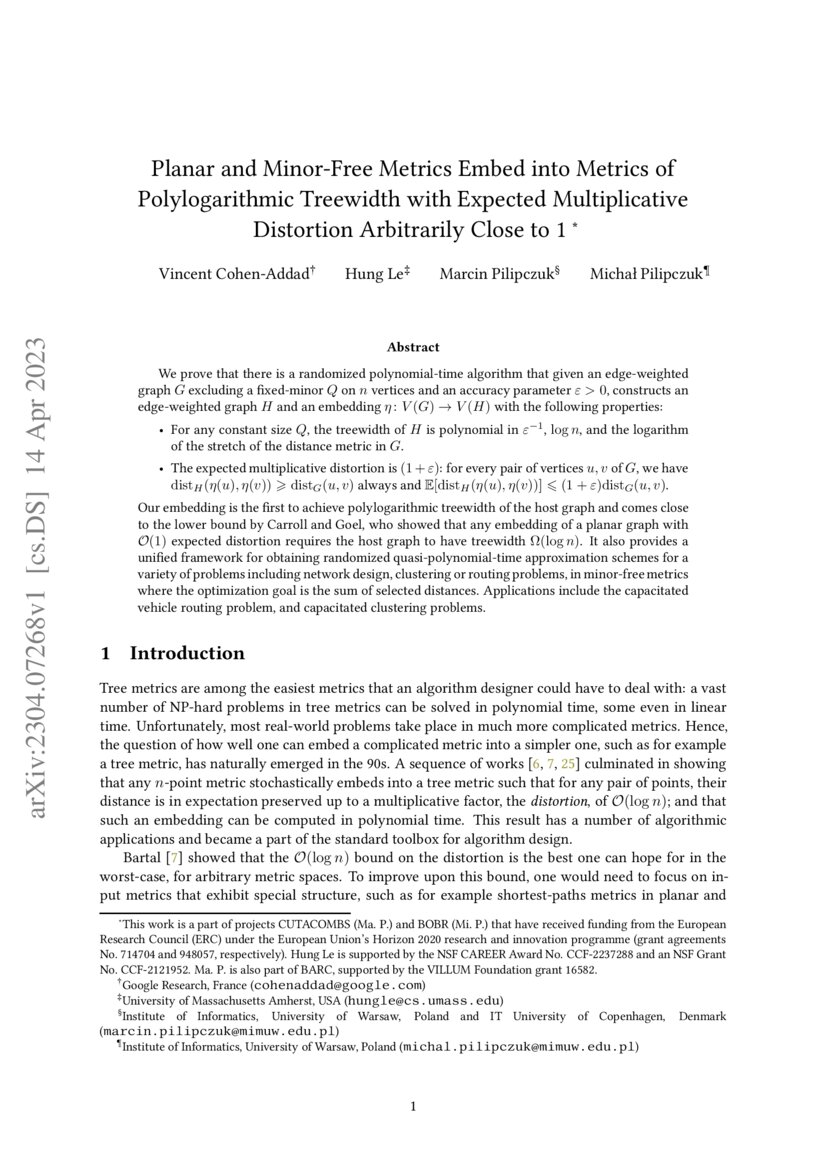 Planar And Minor Free Metrics Embed Into Metrics Of Polylogarithmic