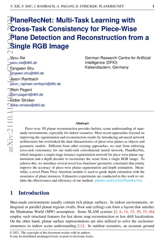 PlaneRecNet: Multi-Task Learning with Cross-Task Consistency for Piece-Wise Plane Detection and ...