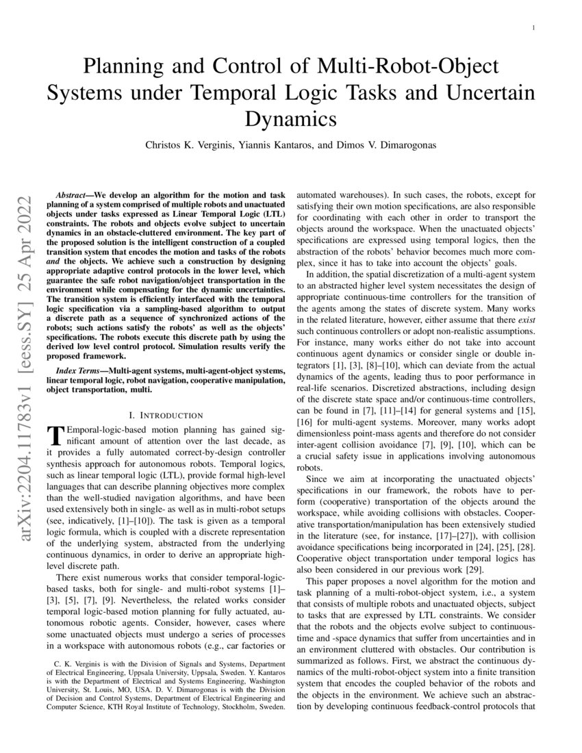 Planning And Control Of Multi Robot Object Systems Under Temporal Logic Tasks And Uncertain