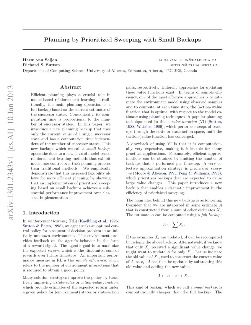 Planning by Prioritized Sweeping with Small Backups | DeepAI