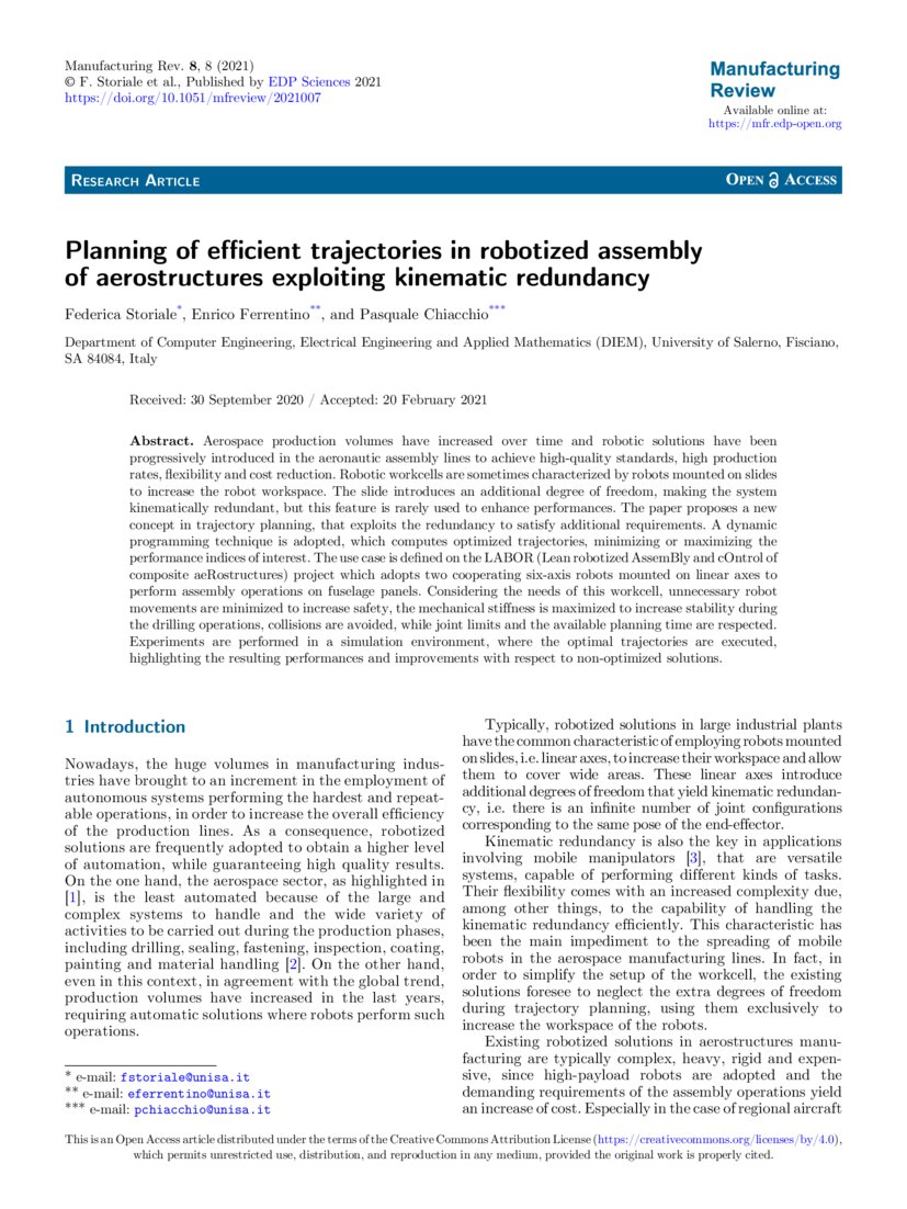 Planning of efficient trajectories in robotized assembly of aerostructures exploiting kinematic ...