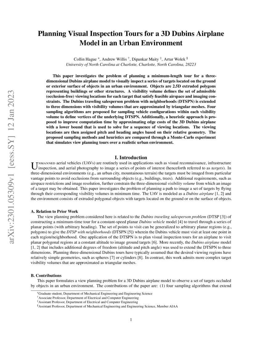 Planning Visual Inspection Tours for a 3D Dubins Airplane Model in an Urban Environment | DeepAI